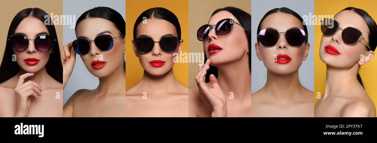 Collage with photos of woman with stylish sunglasses on different color ...