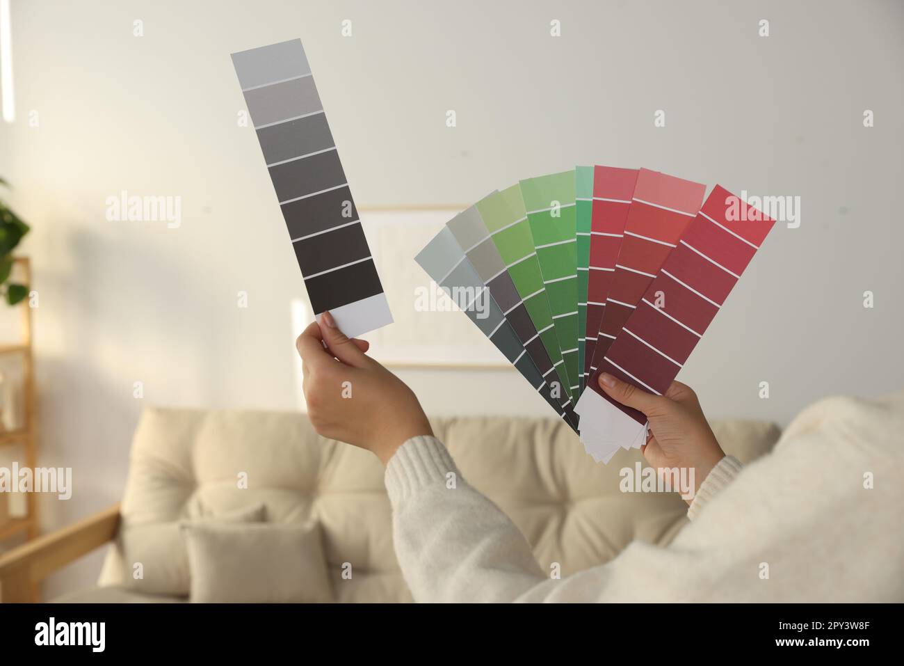 Woman with paint chips choosing color for wall in room, closeup ...