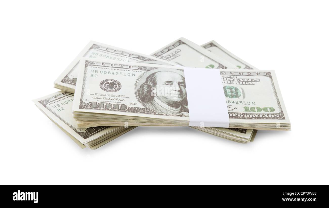 Bundles of dollar banknotes isolated on white. American national ...
