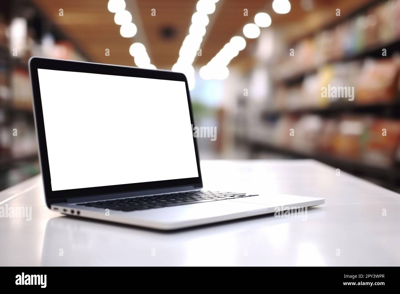 aptop computer on wood table with supermarket aisle blurred background ...