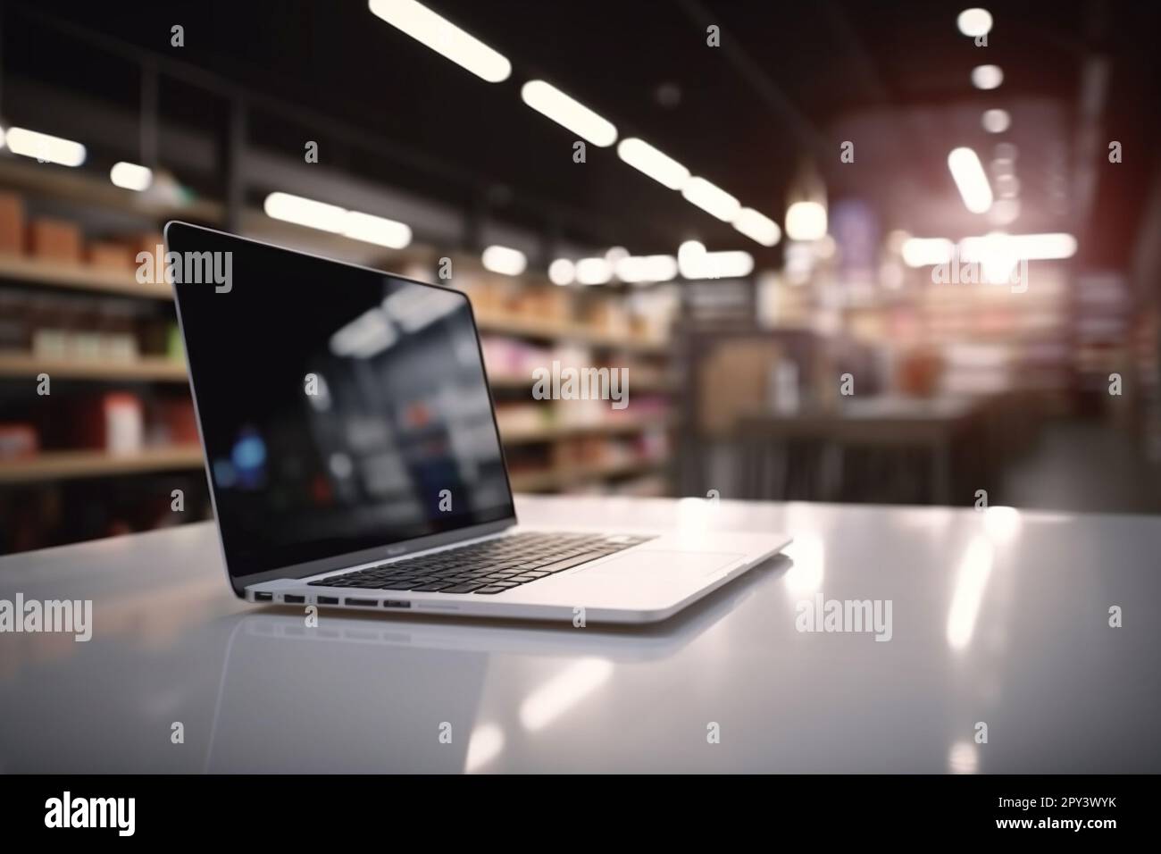 aptop computer on wood table with supermarket aisle blurred background ...