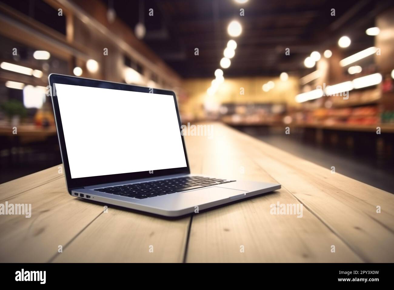 aptop computer on wood table with supermarket aisle blurred background ...