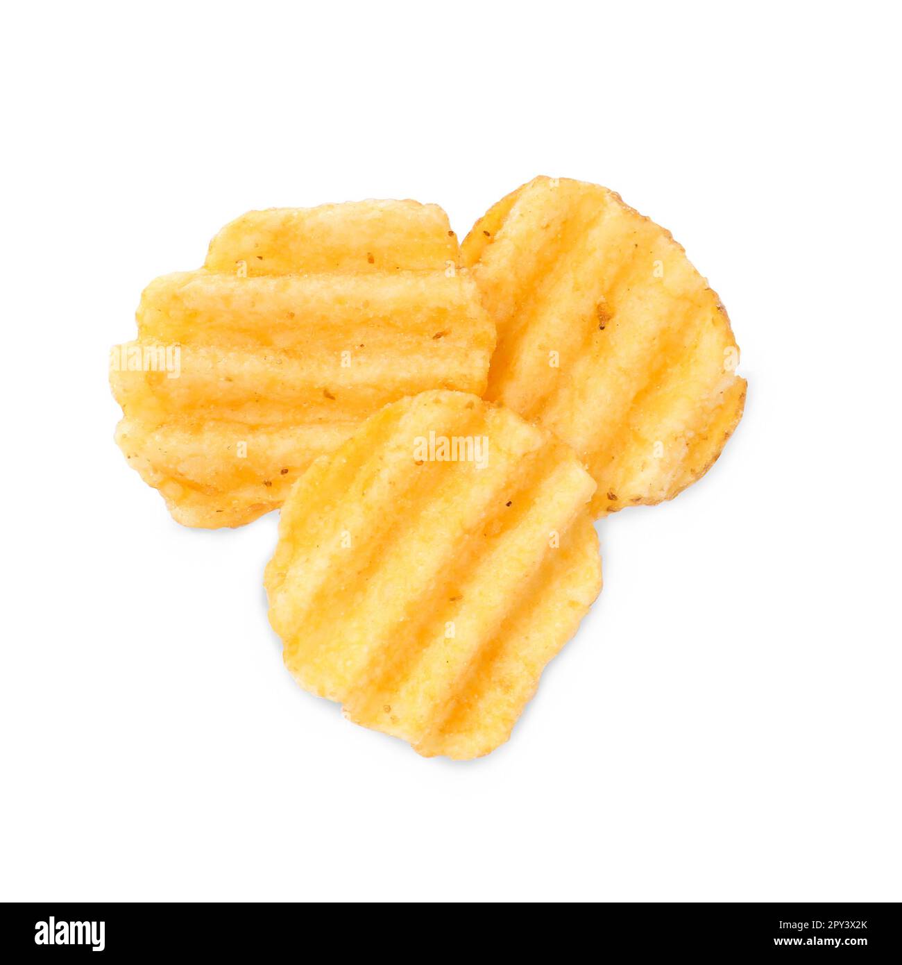 Delicious ridged potato chips on white background, top view Stock Photo ...