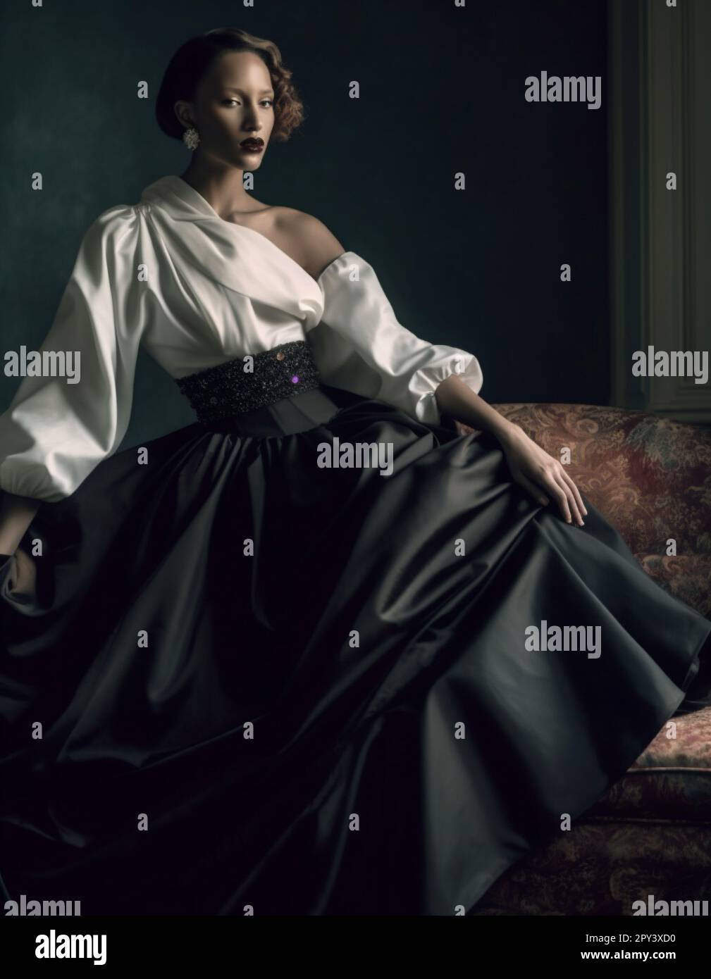 A young female adult is seated in a chair wearing a fashionable dress ...