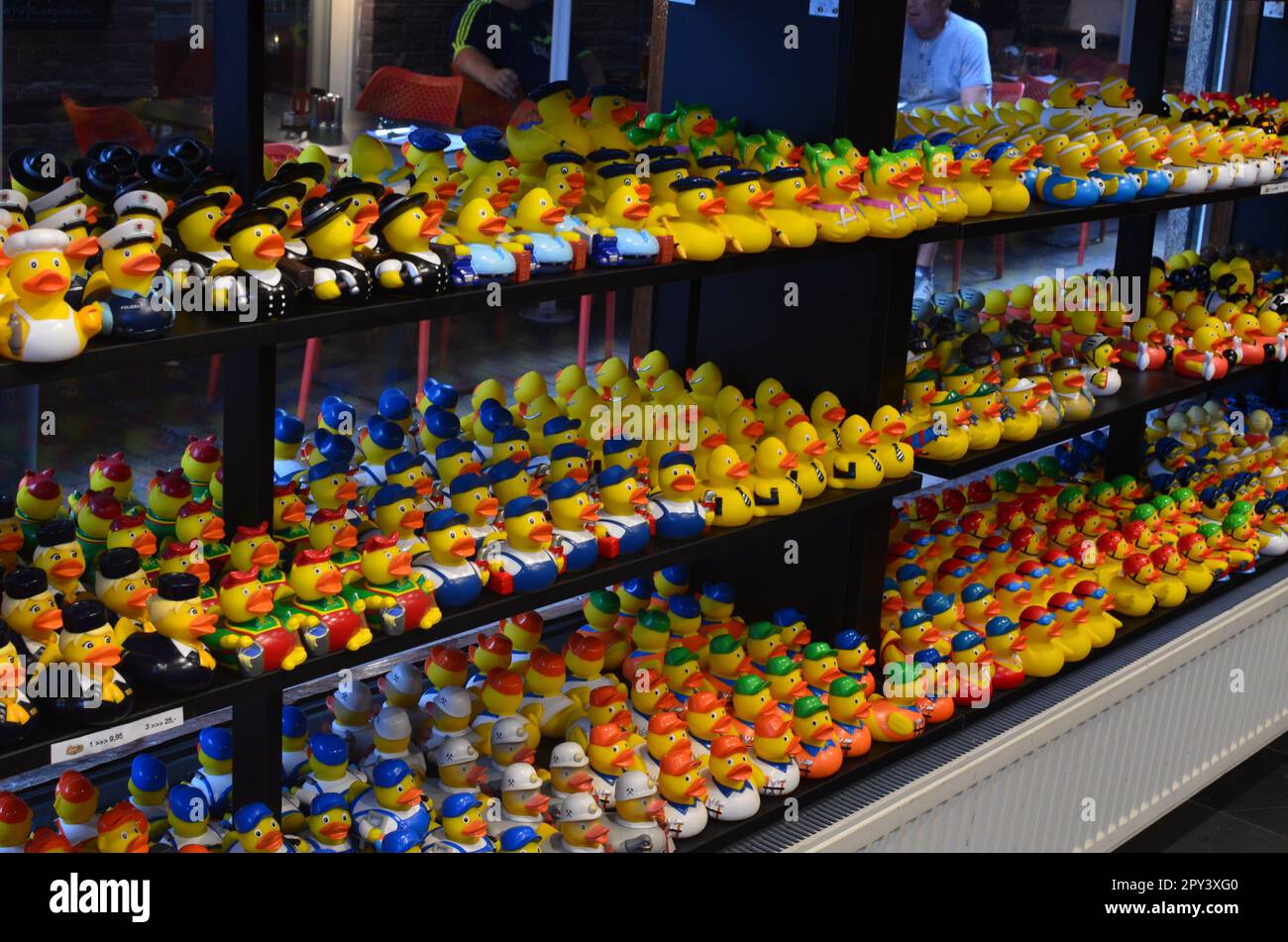 Amsterdam, Netherlands - June 18, 2022: Many toys on shelves in Duck ...