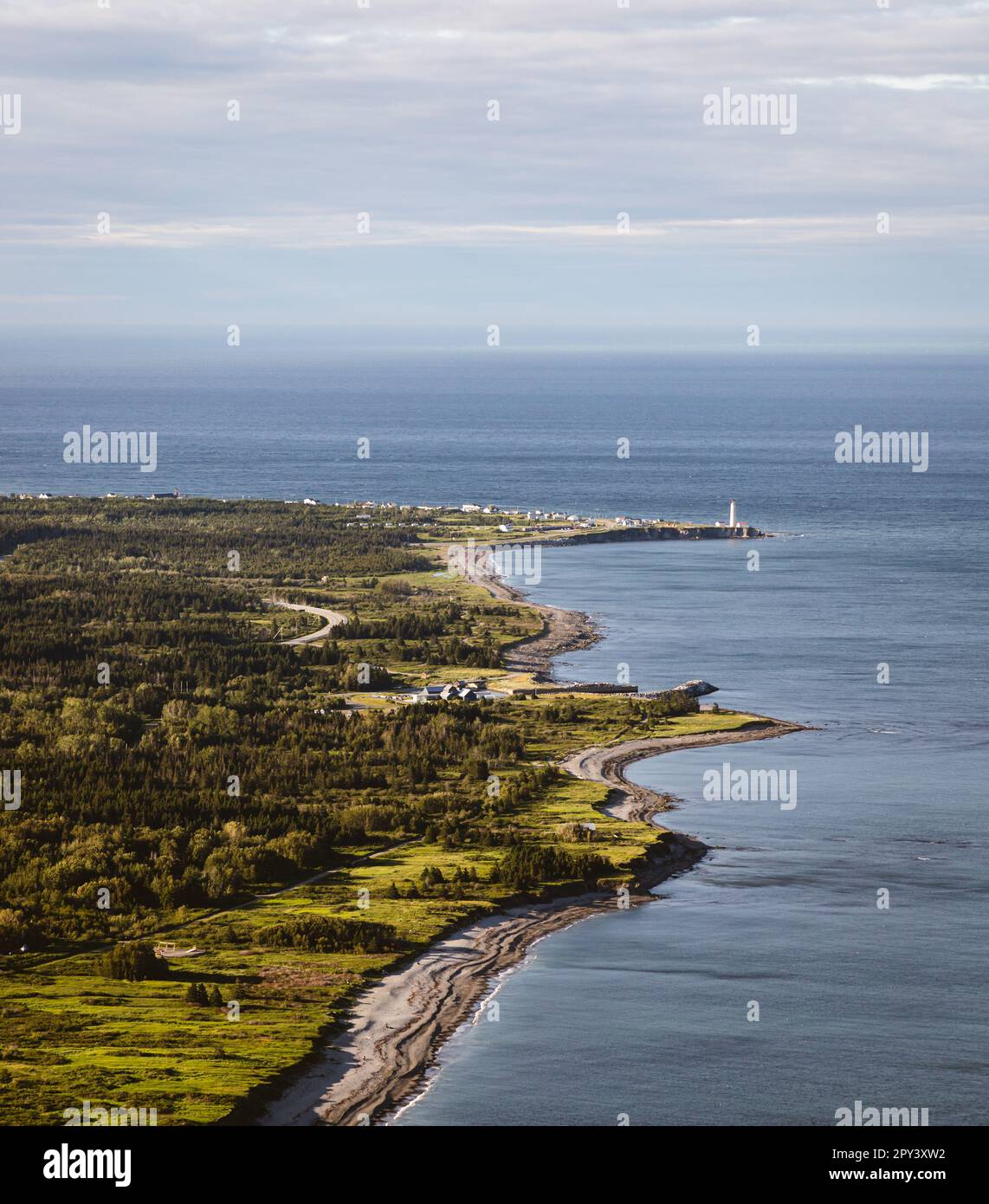 Aerial view of a peaceful, idyllic rural coastal landscape surrounded ...