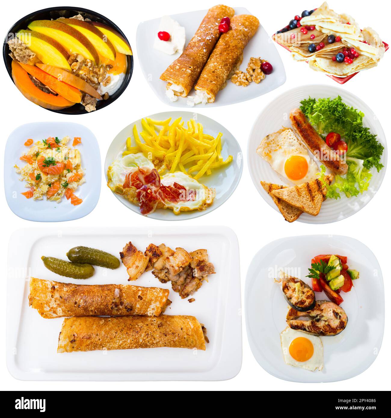 Set of breakfasts isolated on white Stock Photo - Alamy
