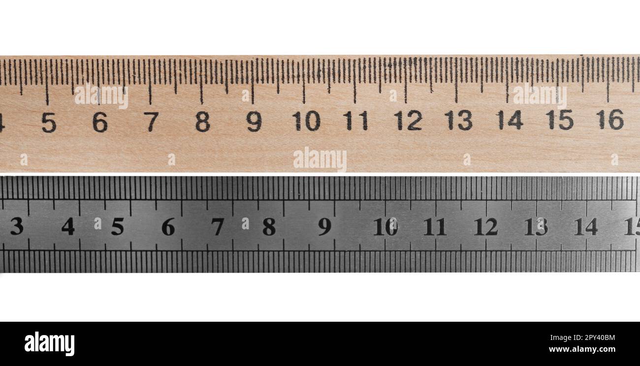 Different rulers isolated on white, top view Stock Photo - Alamy