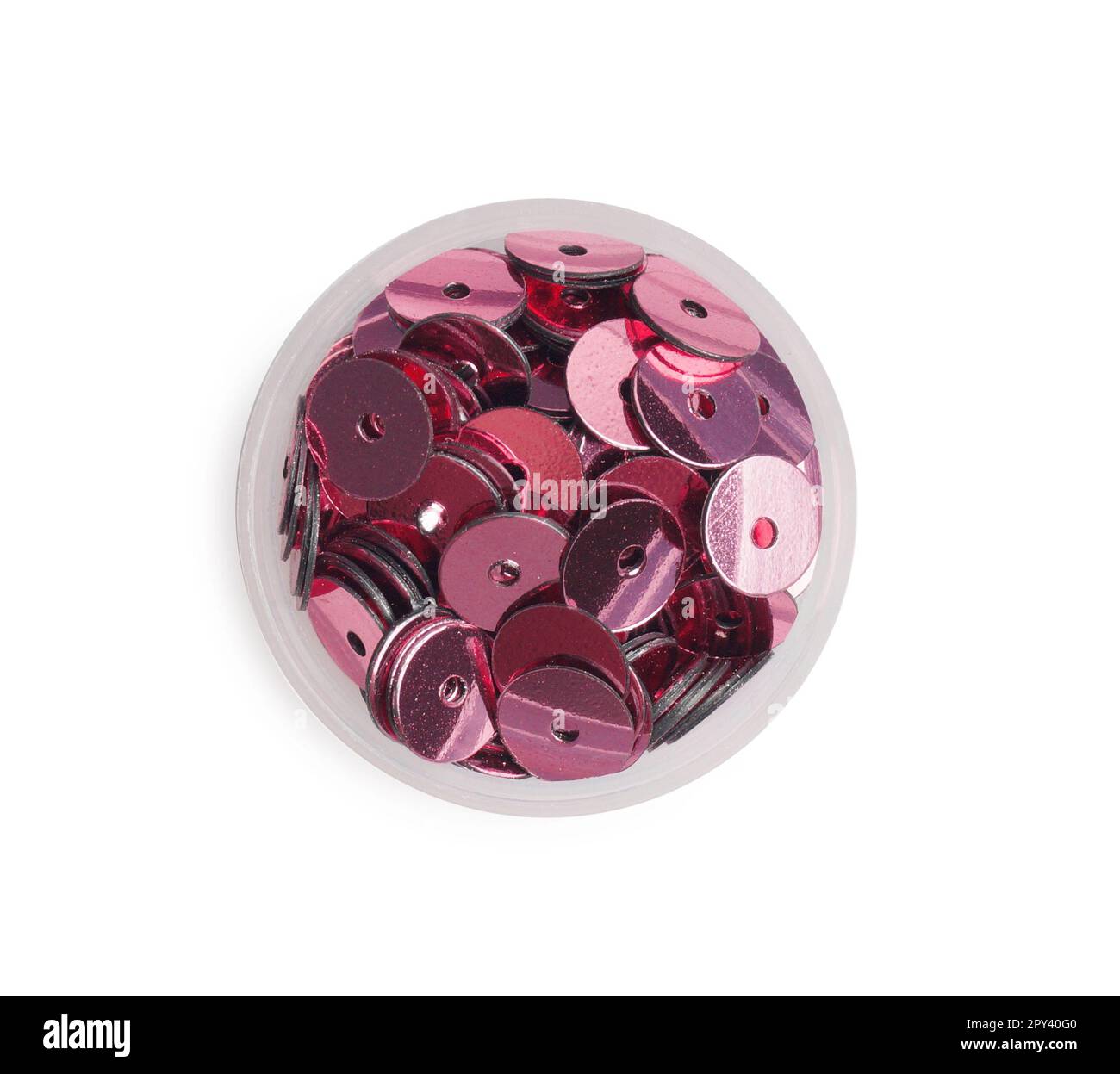Pink sequins in container isolated on white, top view Stock Photo - Alamy