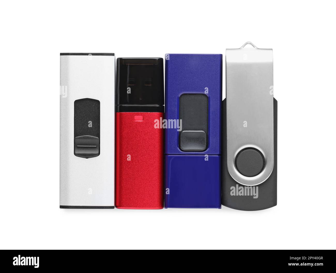 Modern usb flash drives on white background, top view Stock Photo - Alamy
