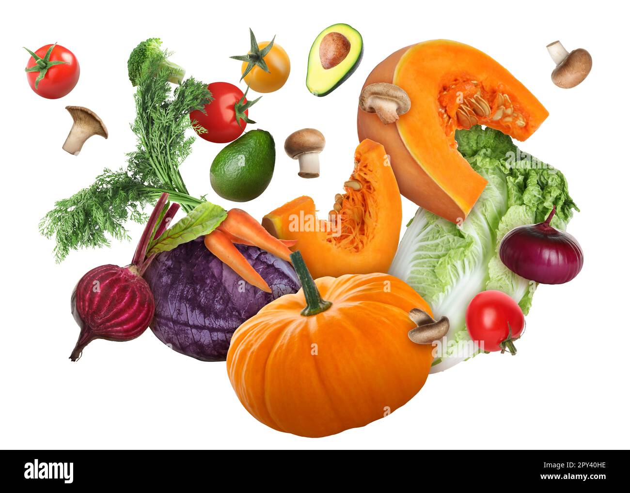 Flying fresh ripe vegetables on white background Stock Photo - Alamy
