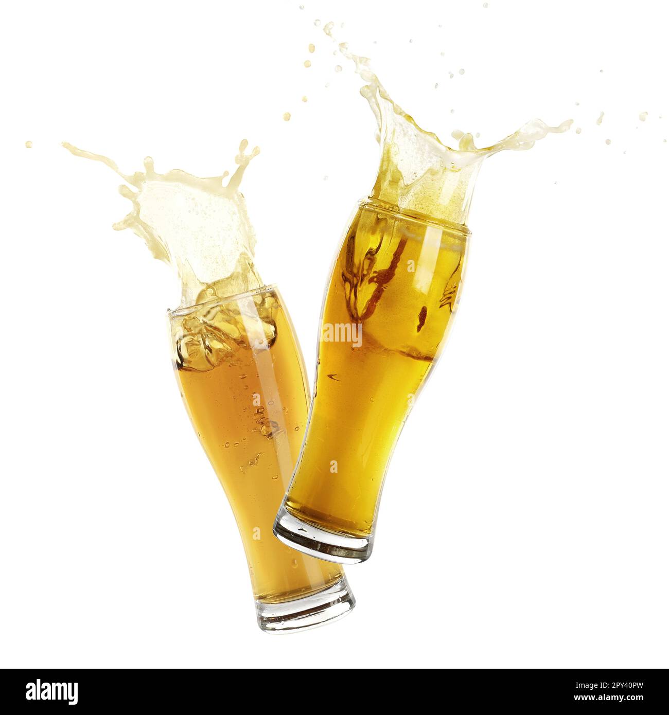 Two glasses of beer toasting with splash on white background Stock ...