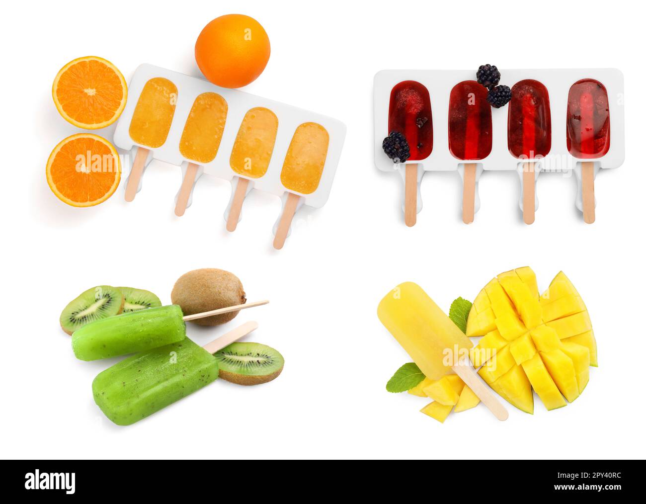 Set with tasty berry ice pops on white background Stock Photo - Alamy
