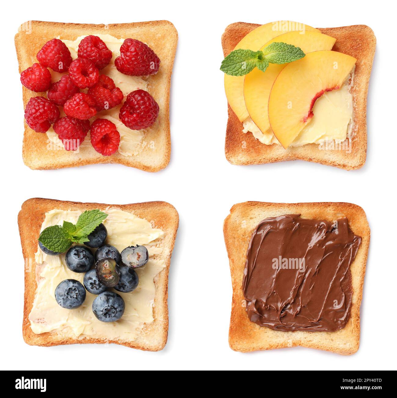 Set of different toasts on white background, top view Stock Photo - Alamy