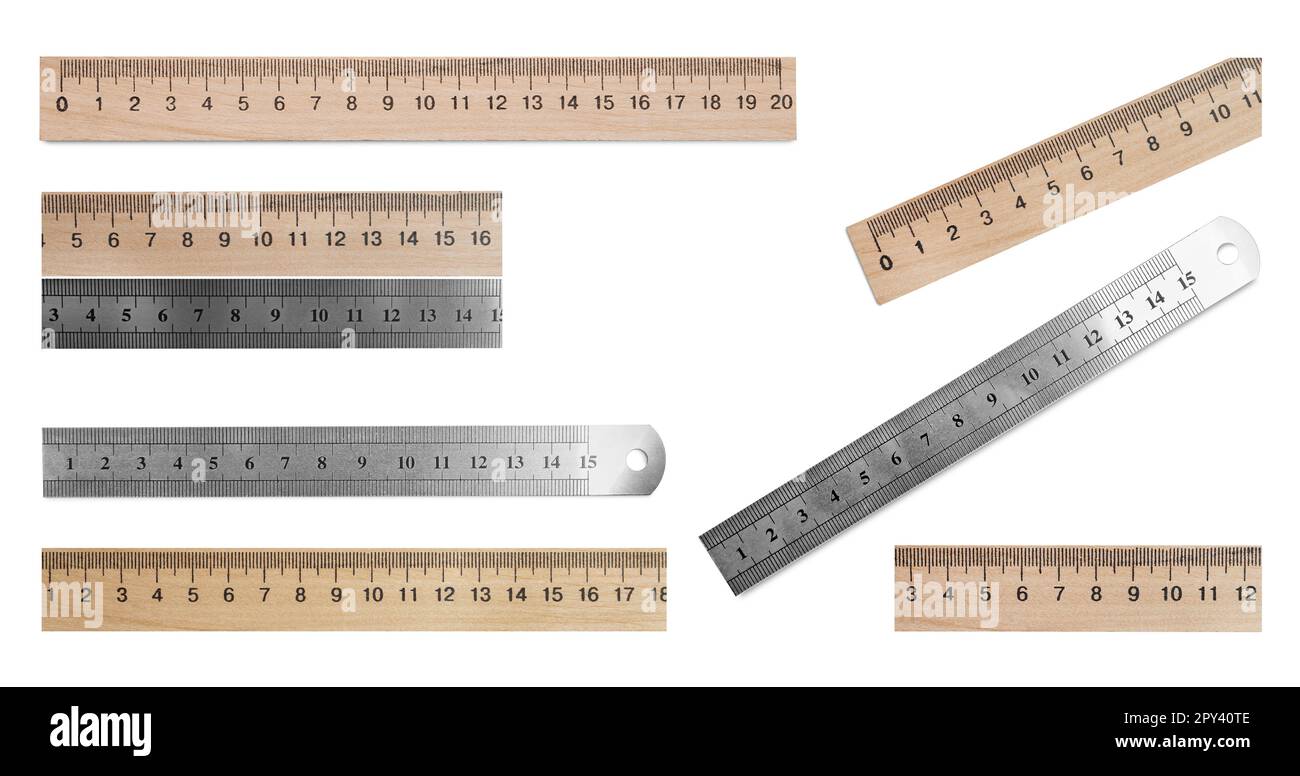Set with different rulers with measuring length markings in centimeters ...