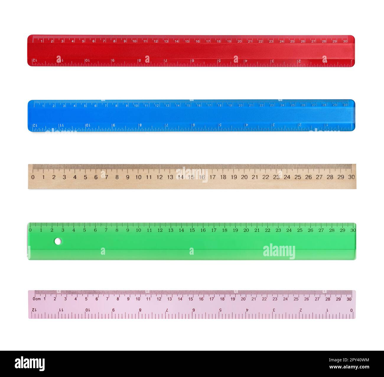 Set with different rulers with measuring length markings in centimeters ...
