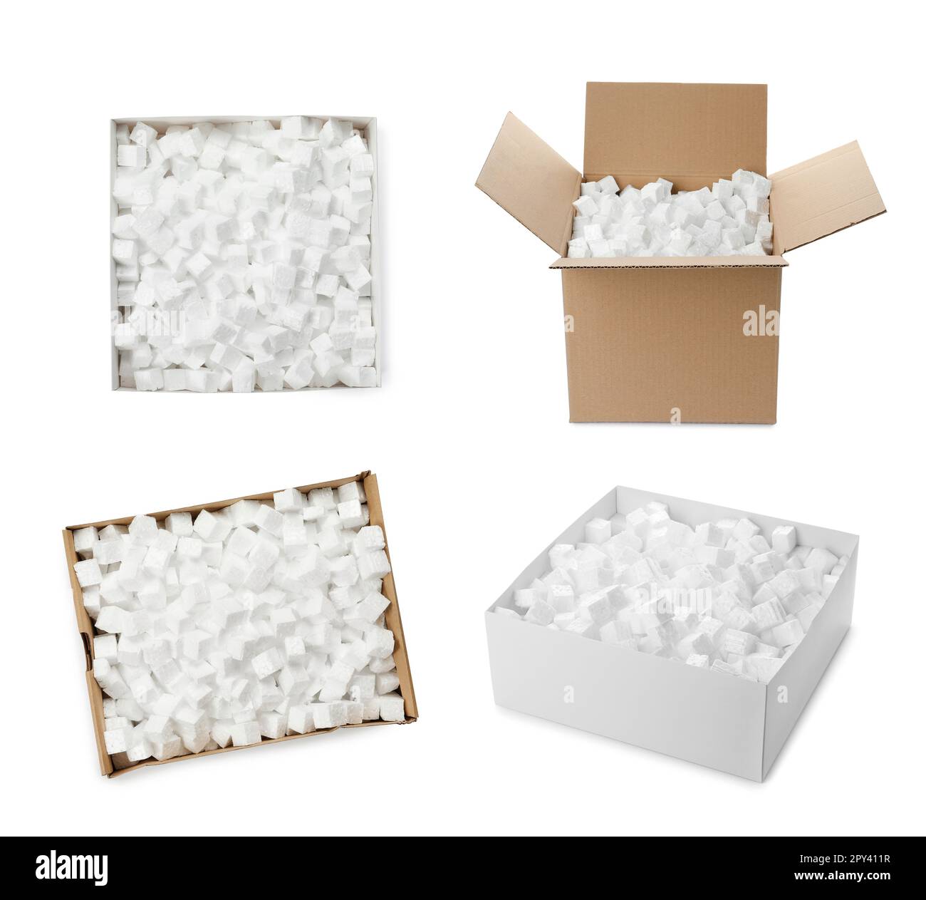 Set with cardboard boxes with styrofoam cubes on white background Stock ...