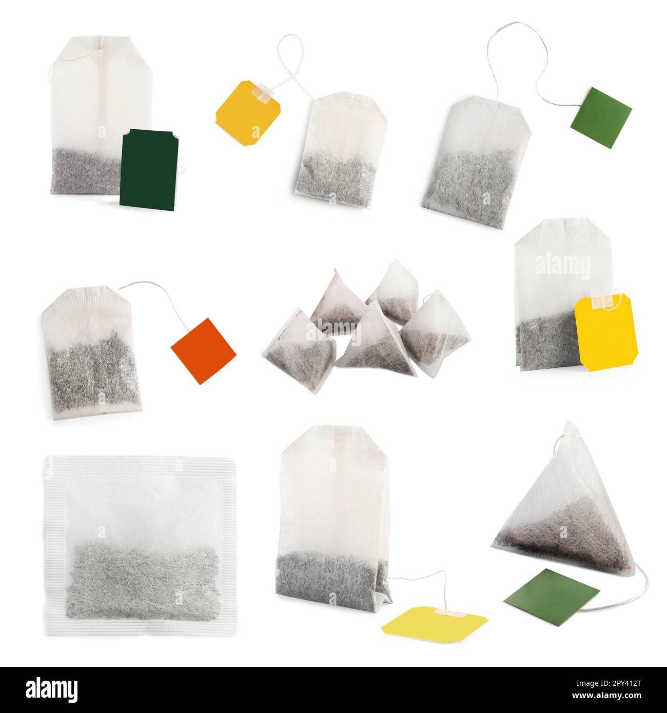 Set with different tea bags on white background Stock Photo - Alamy