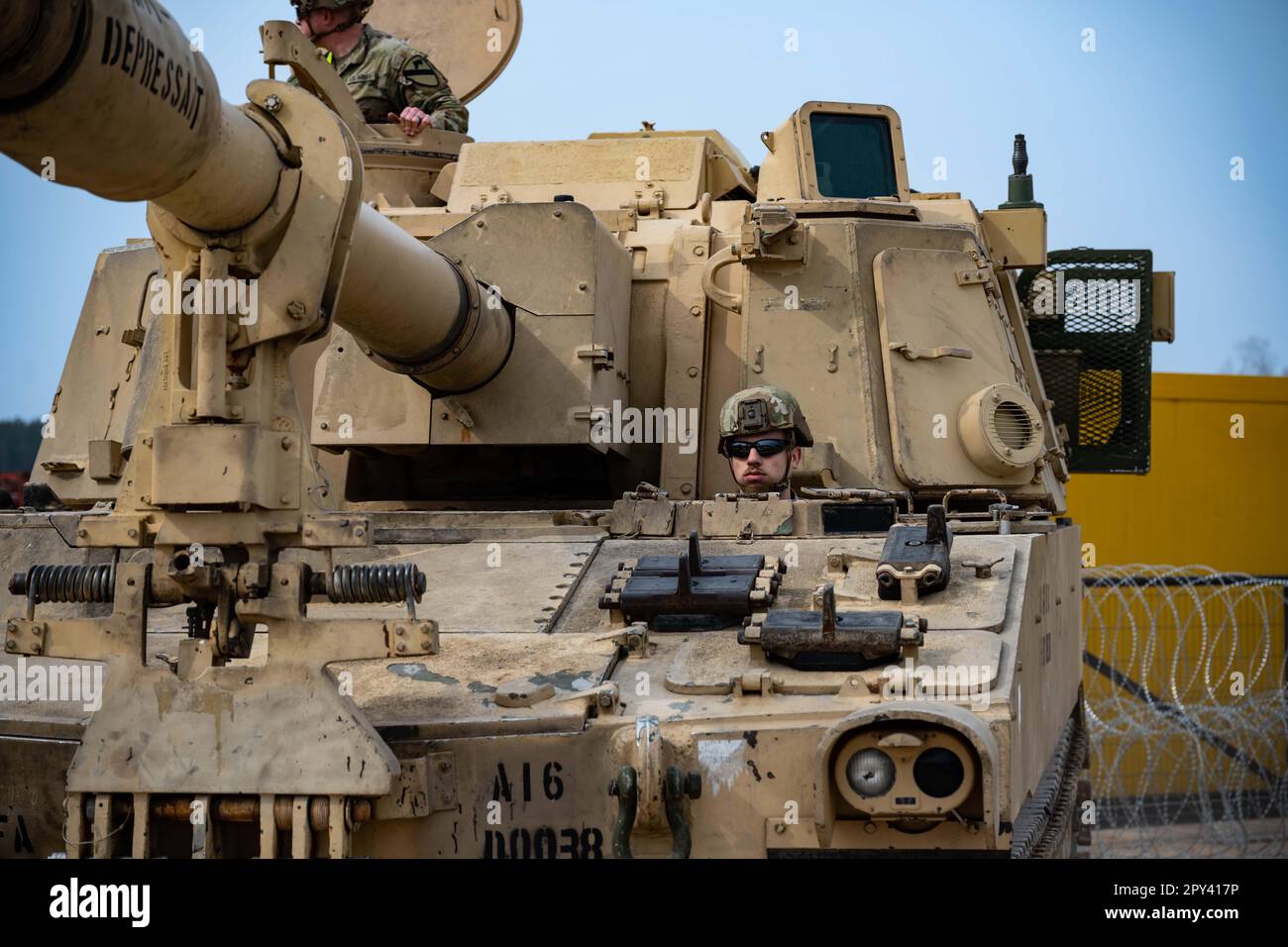 Lithuania. 12th Apr, 2023. Army Spc. Liam Nelson, assigned to the 3rd Battalion, 16th Field ...