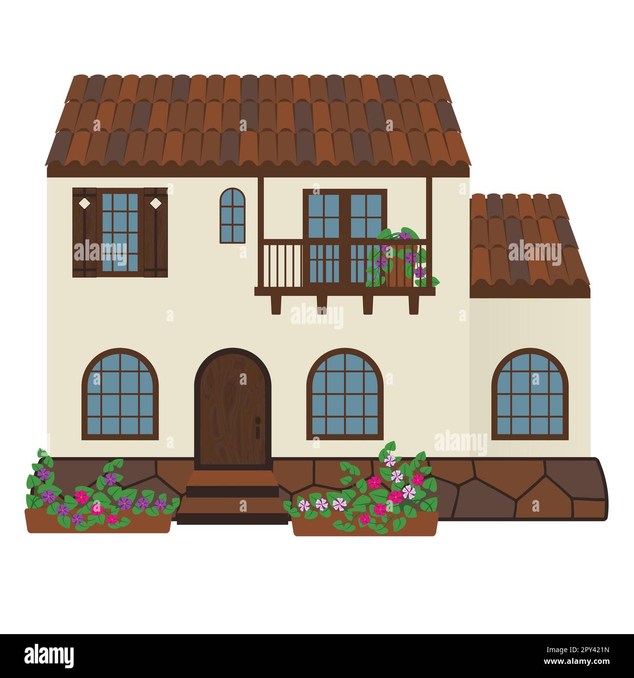 House with a tiled roof and lattice windows a white background Stock ...