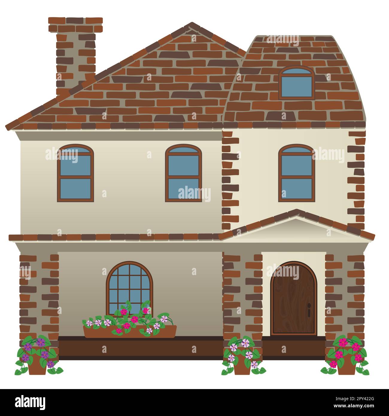 House with a tiled roof and lattice windows a white background Stock ...