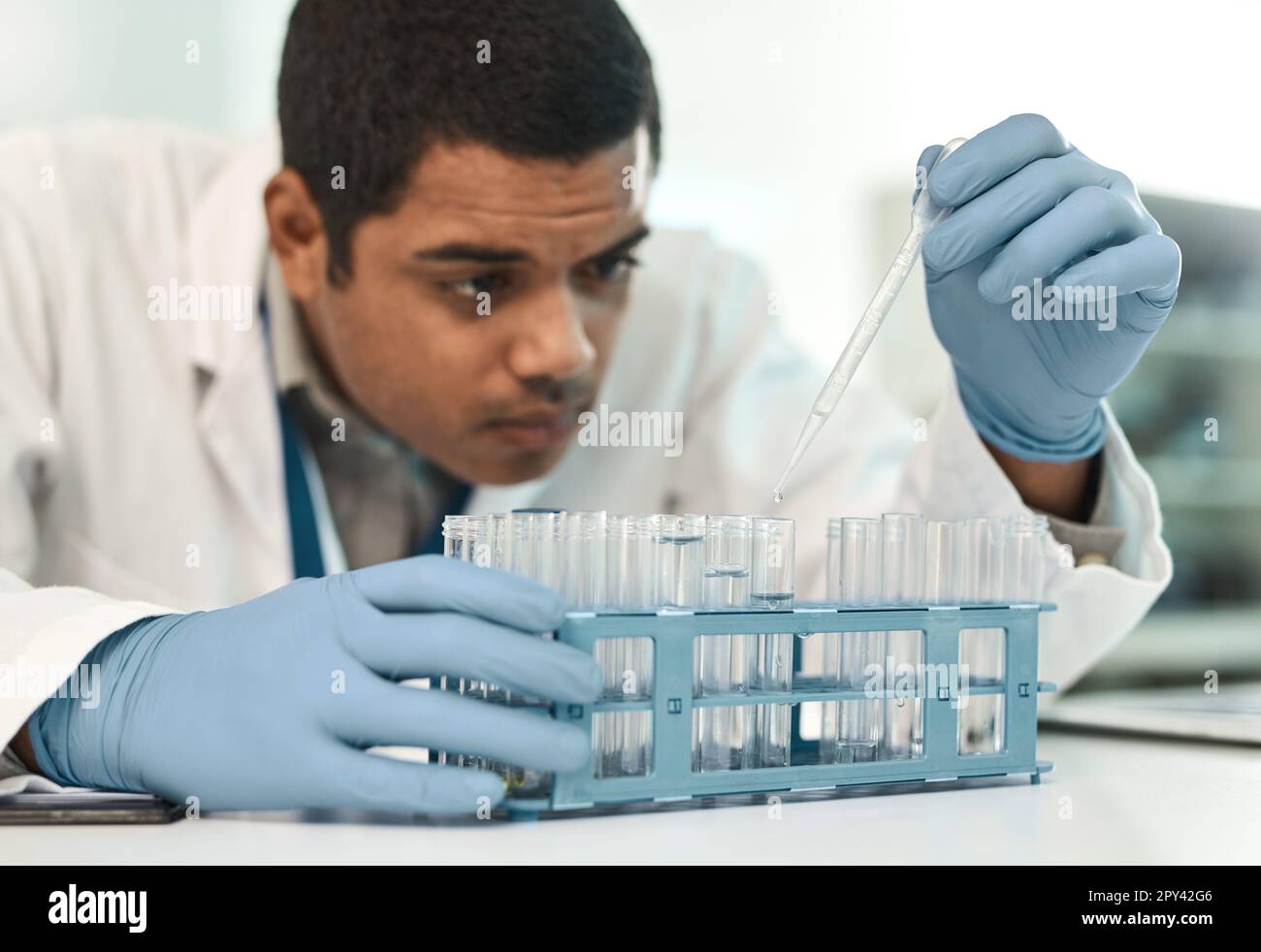 Working with caution. a young scientist working with samples in a lab ...