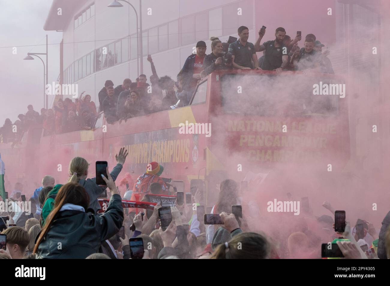 Wrexham, Wrexham County Borough, Wales. 2nd May 2023. Fans and players ...