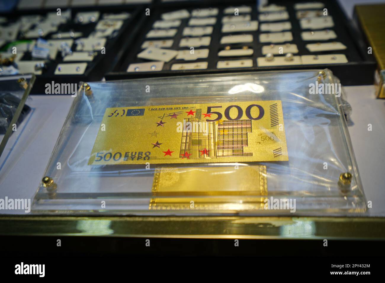 500 euro gold banknotes. Close-up top view. concept of luxury, money ...