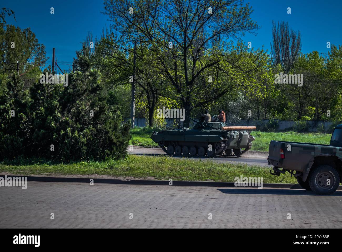 Ukrainian army Bmp tank driving on the main road to Kramatorsk and on ...