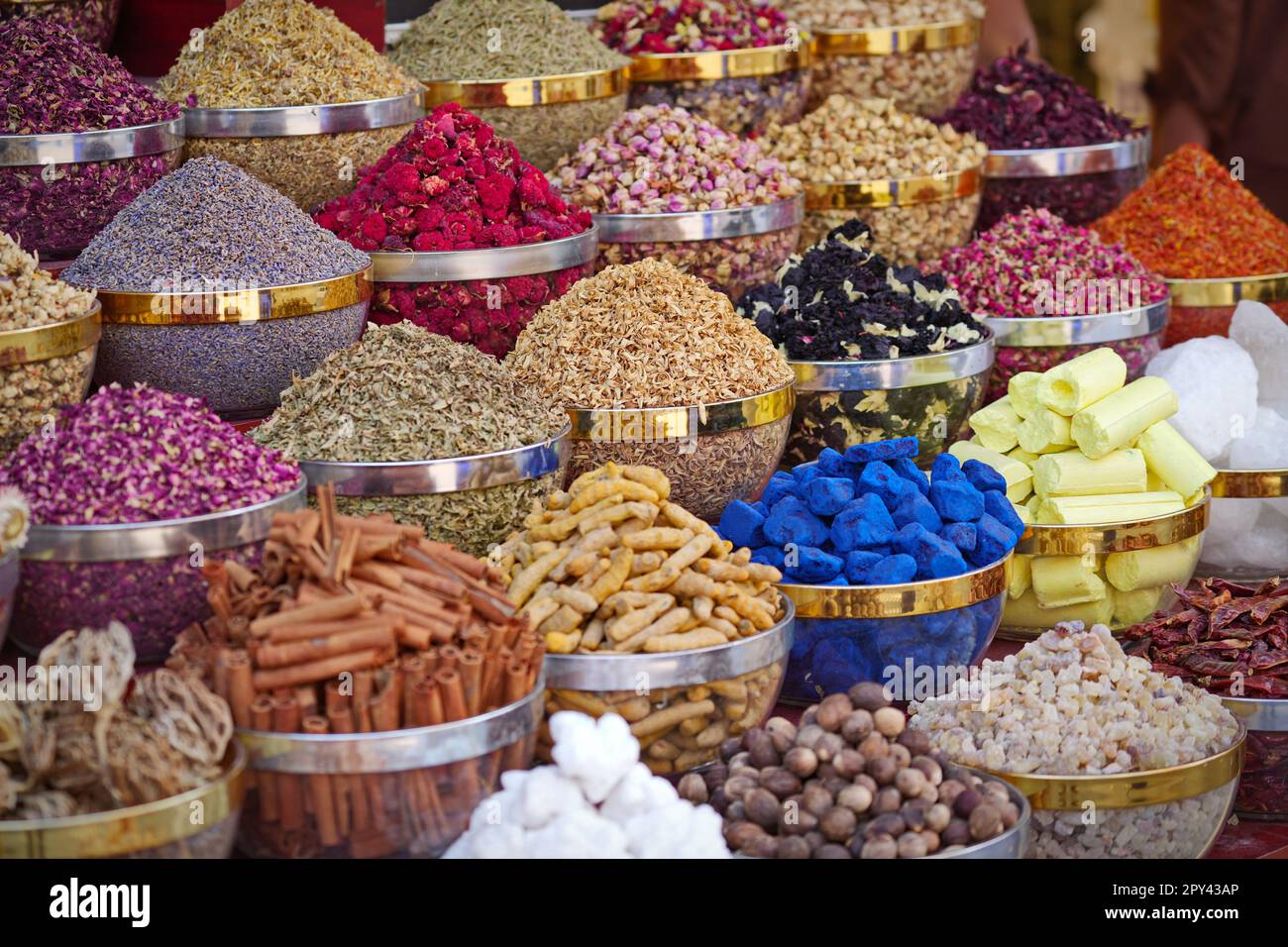 Variety of spices and dried herbs flowers on the arab street market ...