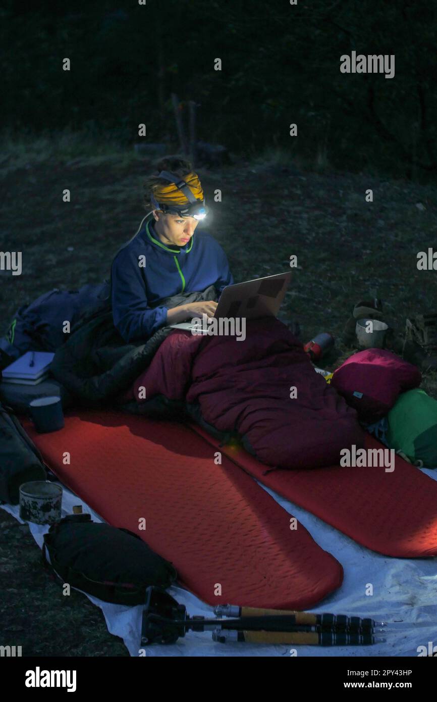 camping laptop at night Stock Photo - Alamy
