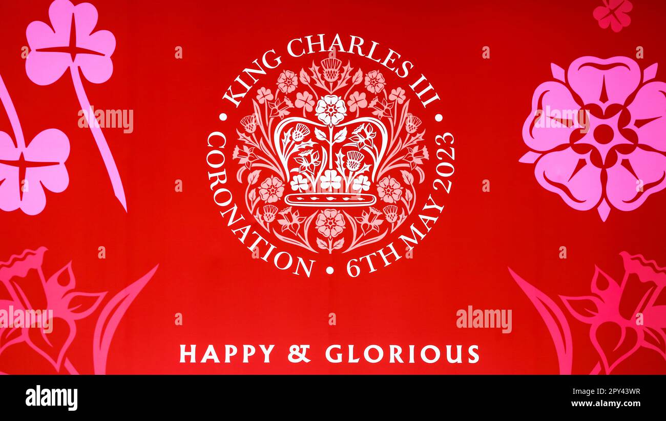 London, UK. 30 April 2023. Coronation emblem. Coronation of King ...