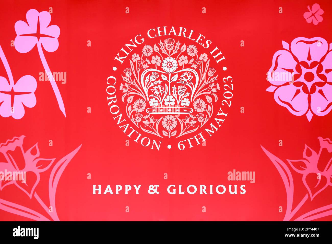 London, UK. 30 April 2023. Coronation emblem. Coronation of King ...