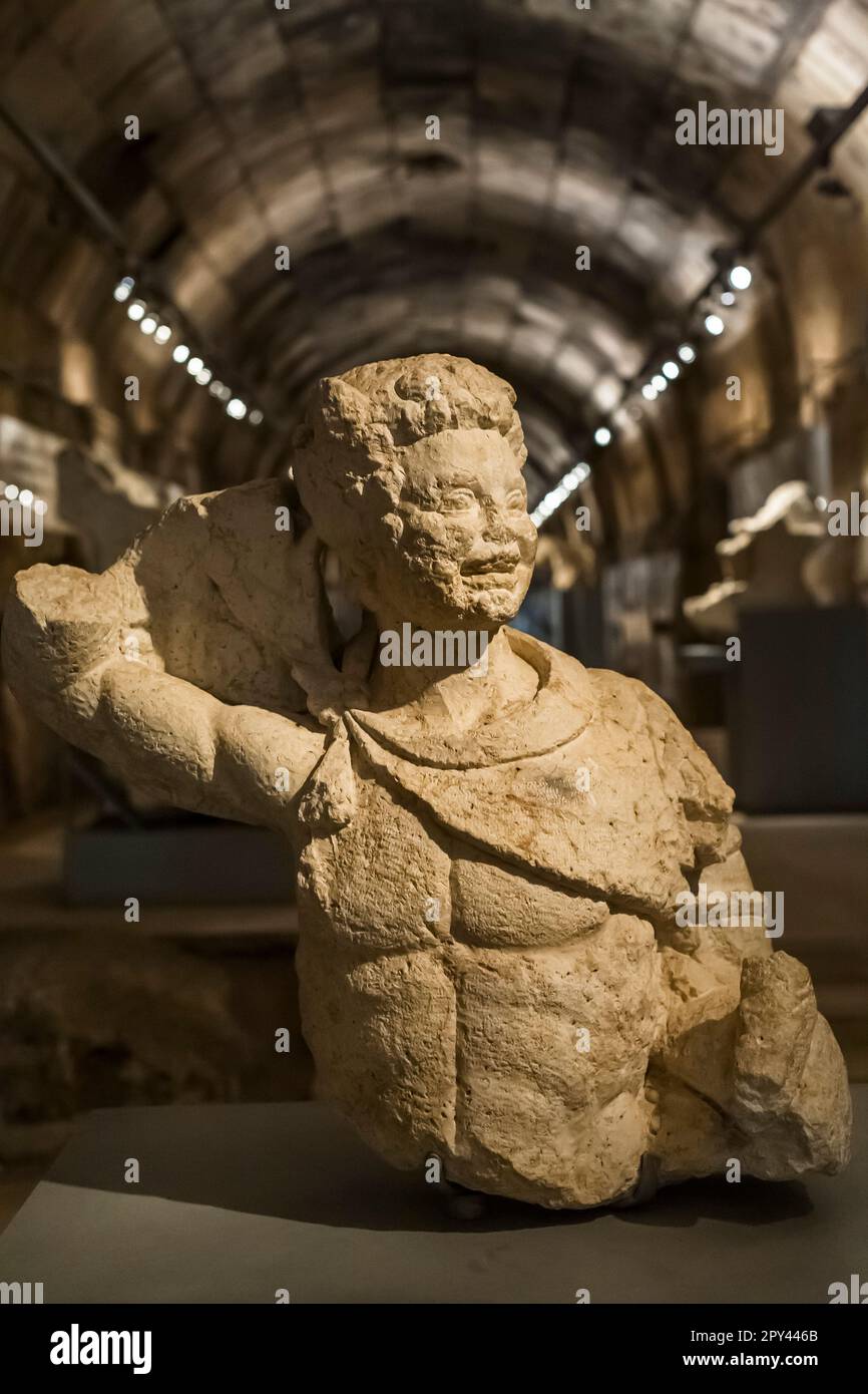 Baalbek, Carving of "Young Satyr with coat", tunnel museum under the ...