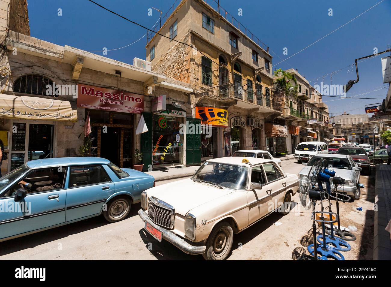 Street of downtown in the city, old vehicles, Bekaa valley, Baalbek ...