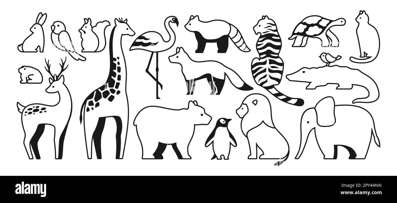 Animal cute linear symbol set. Sign hare parrot, squirrel, frog ...