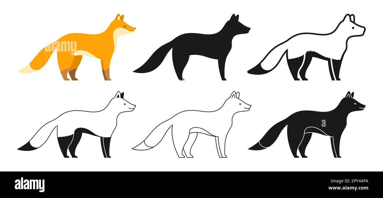 Fox wild animal cartoon style set. Funny forest mammal cute red fox ...