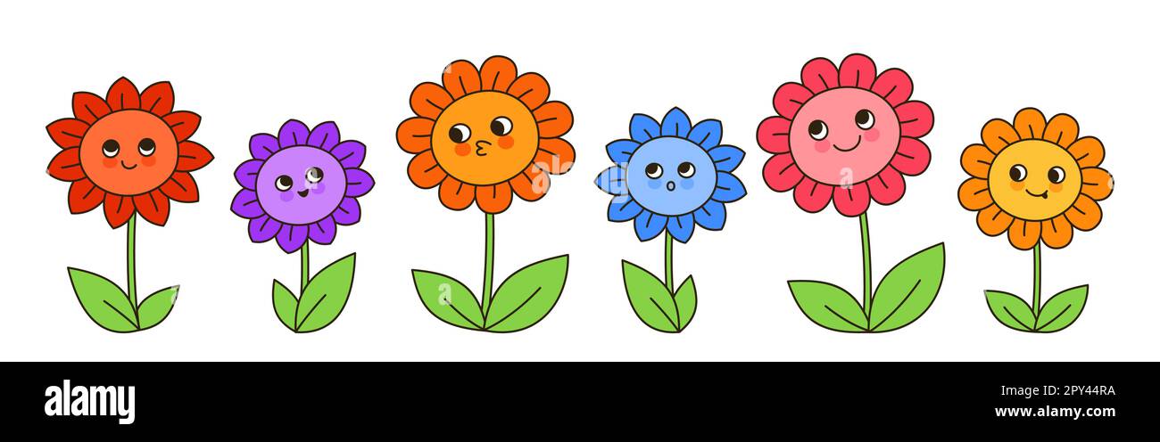 Flowers chamomile comic cartoon set. Comics kids linear floral cute ...