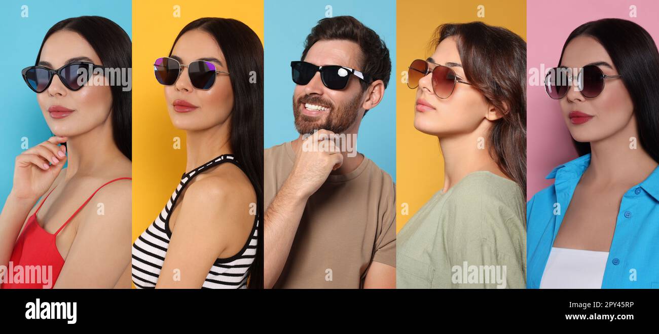 Collage with photos of people with stylish sunglasses on different ...