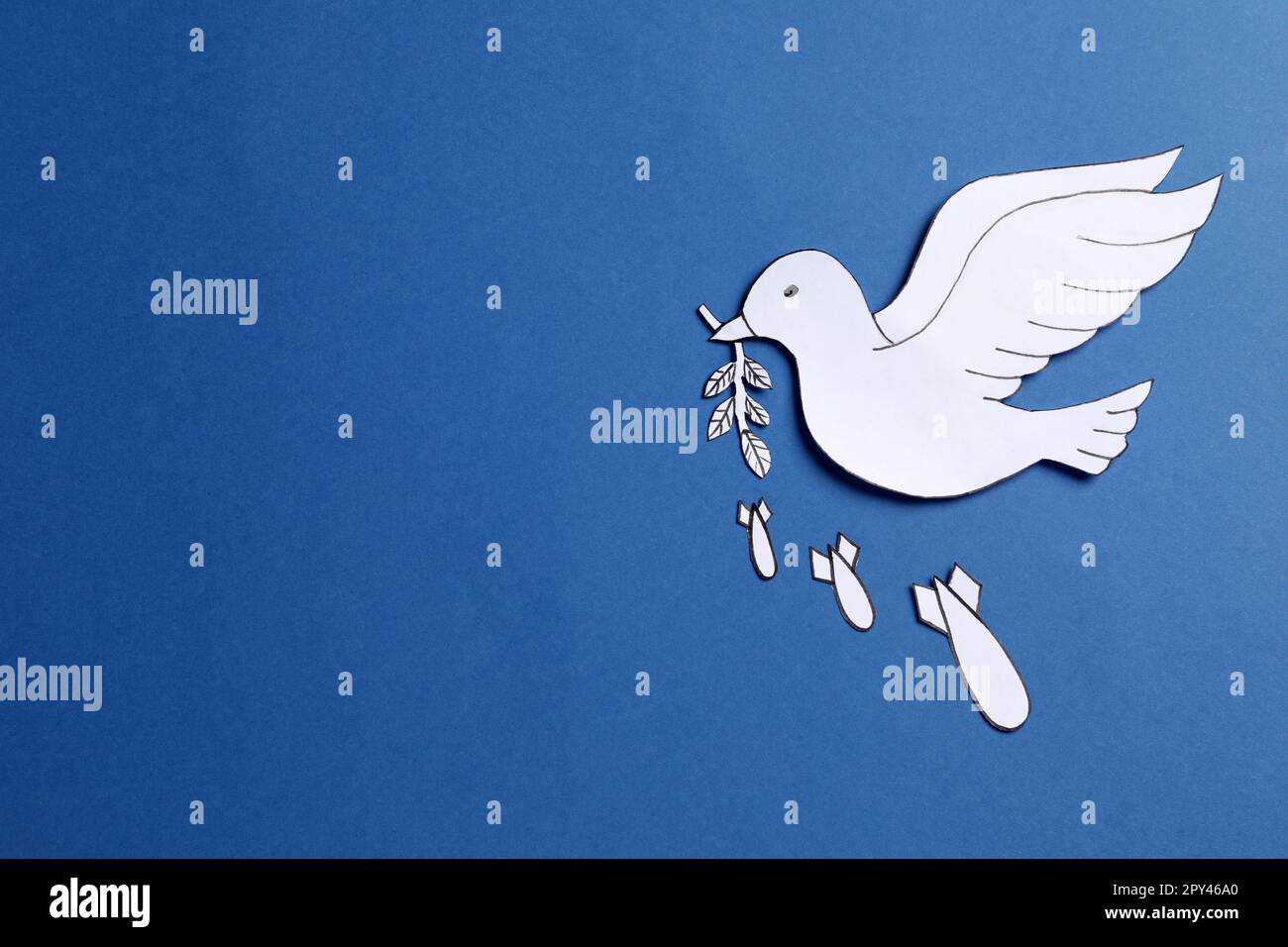 White paper dove with olive branch and bombs on blue background, flat ...