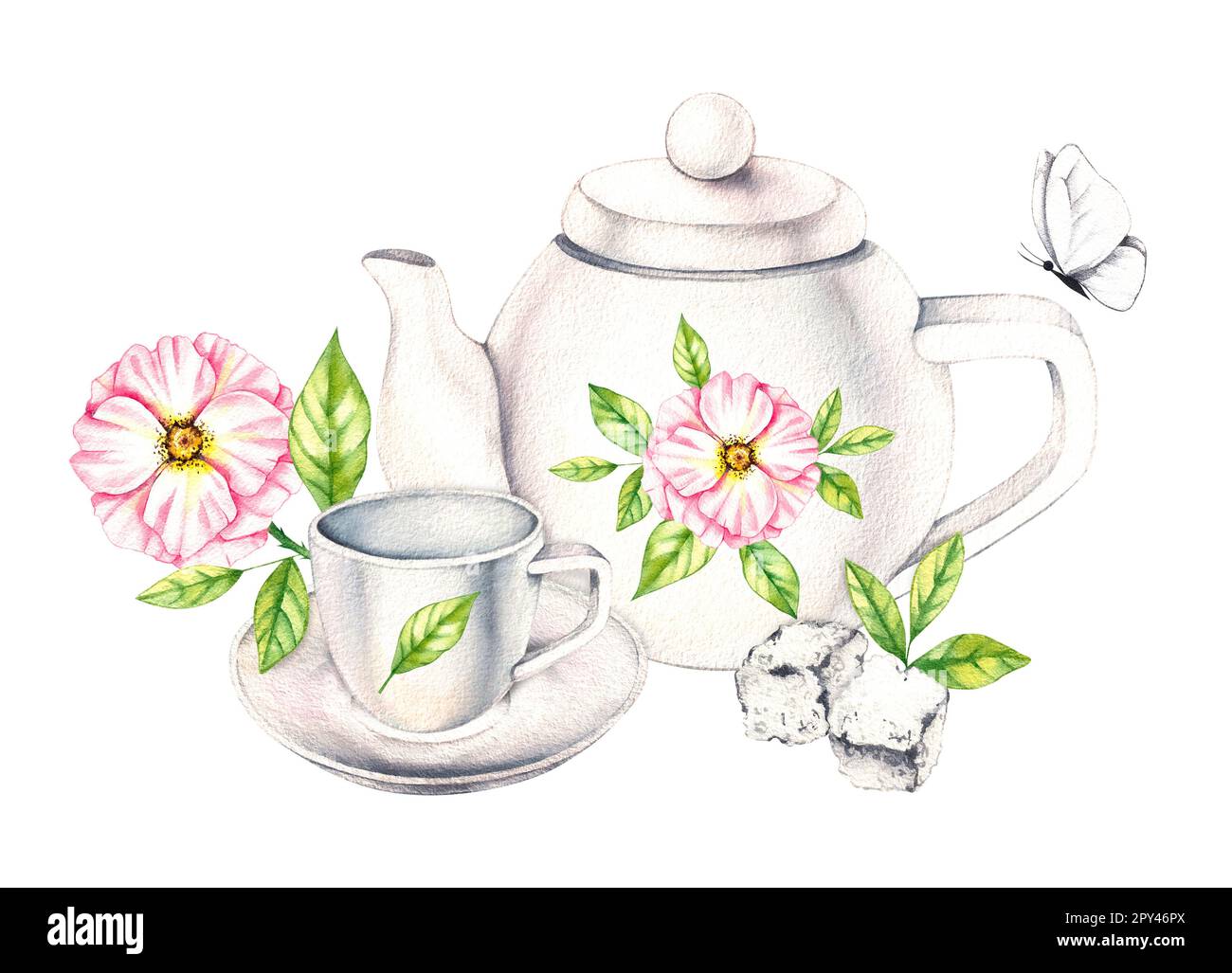 Watercolor composition of porcelain dishes, flowers, bouquets ...
