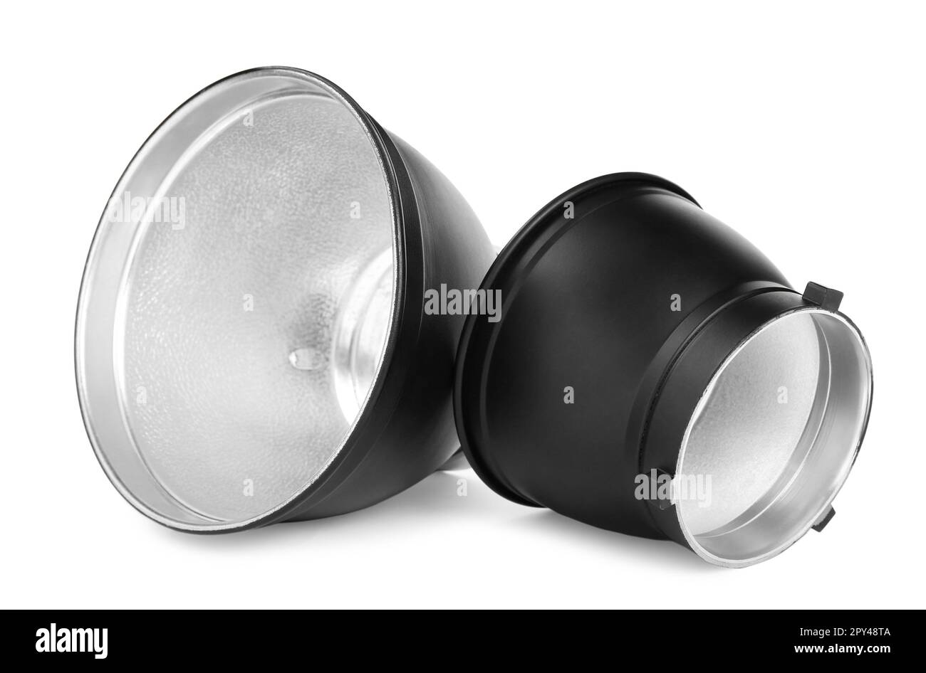 Studio flash lights reflectors on white background. Professional ...