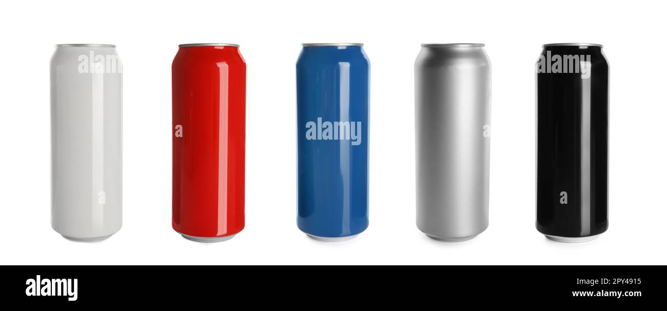 Set with different colorful aluminium cans of beverage on white ...