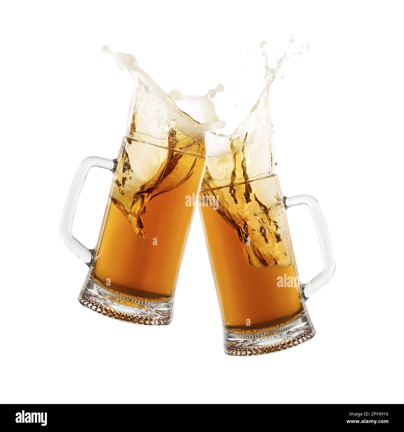 Two glass mugs of beer toasting with splash on white background Stock ...