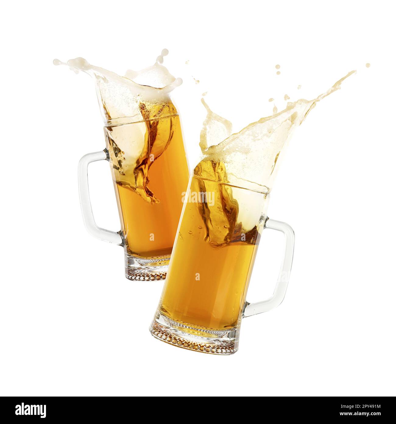 Two glass mugs of beer toasting with splash on white background Stock ...