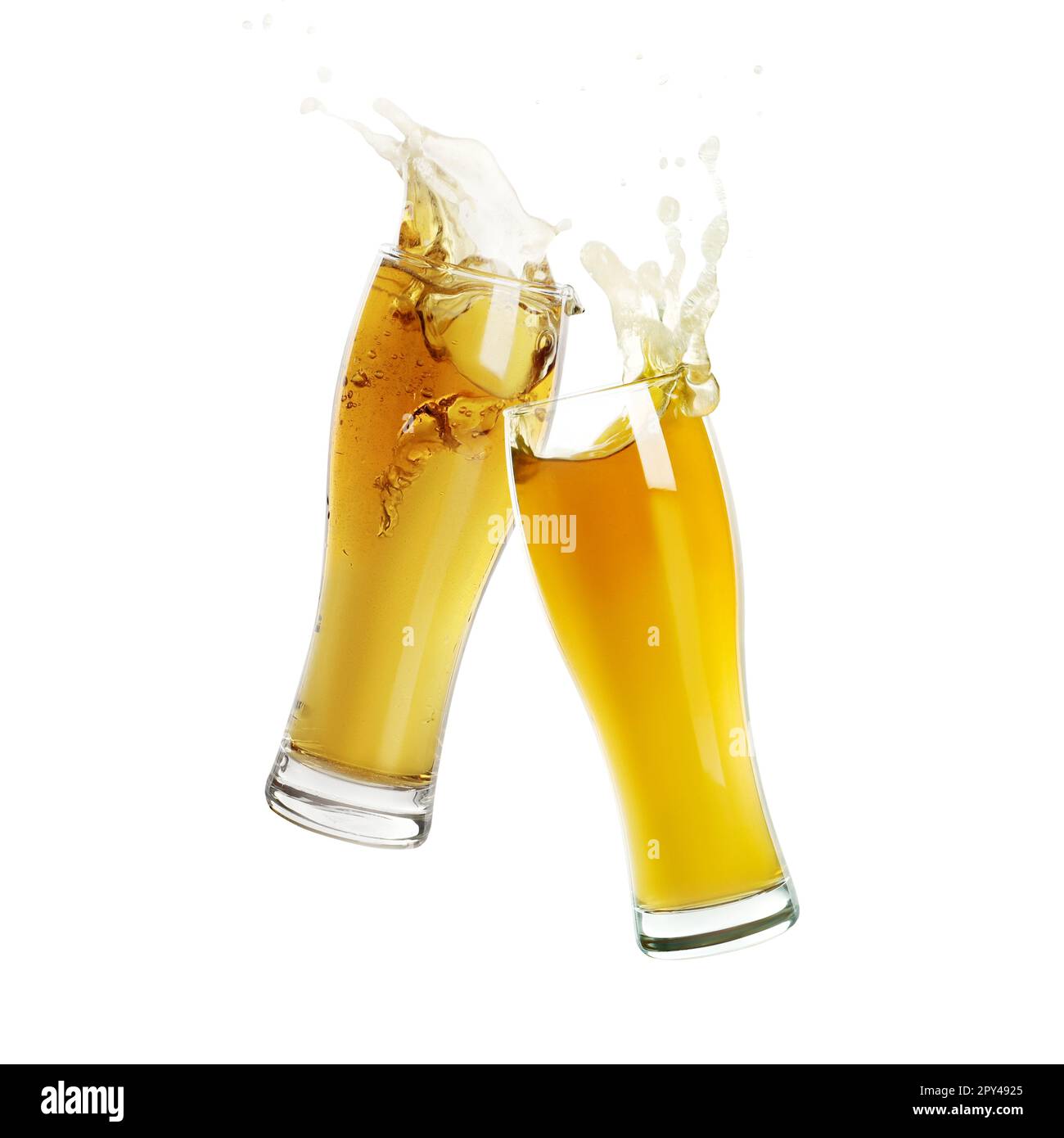 Two glasses of beer toasting with splash on white background Stock ...