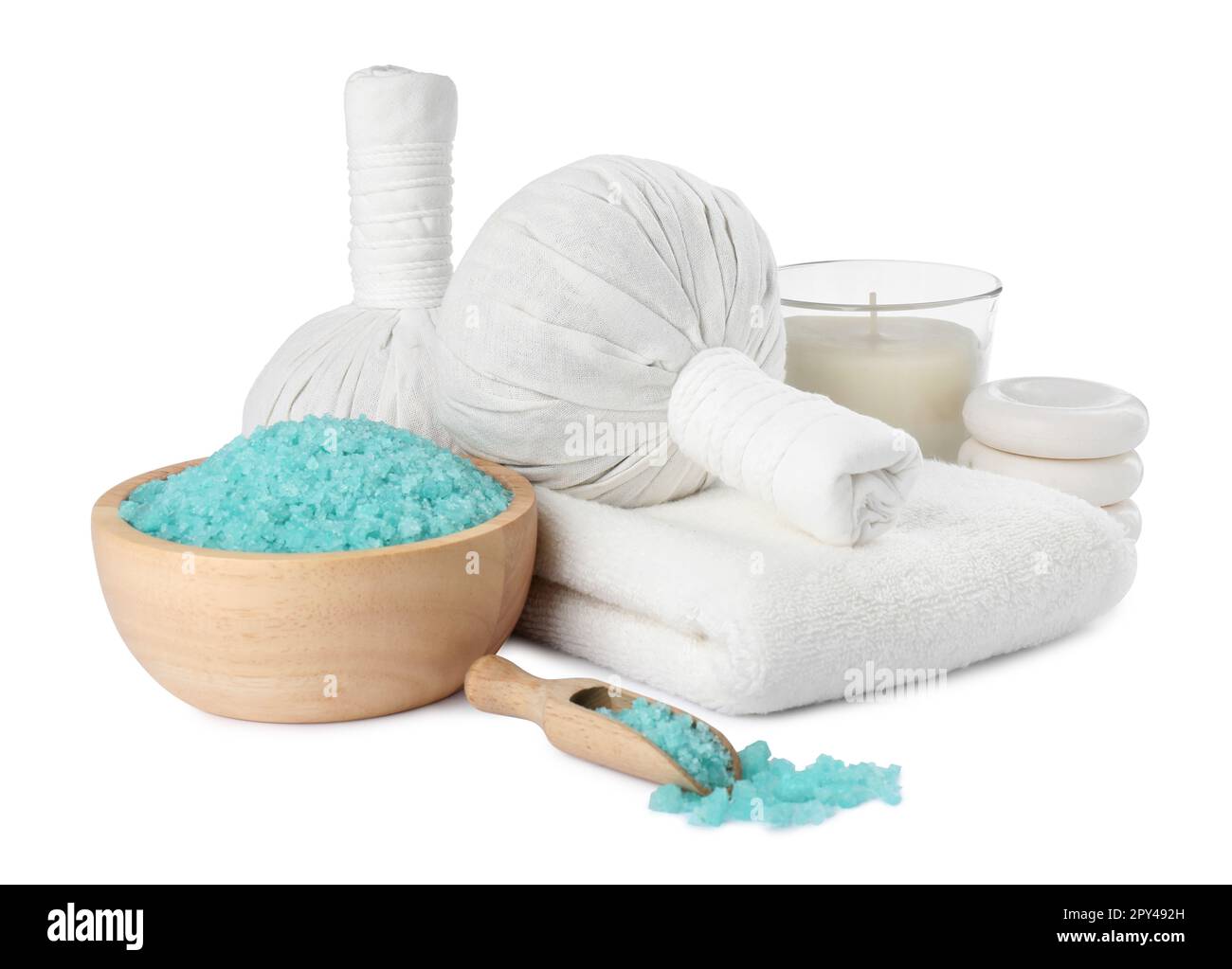 Beautiful composition with different spa products on white background ...