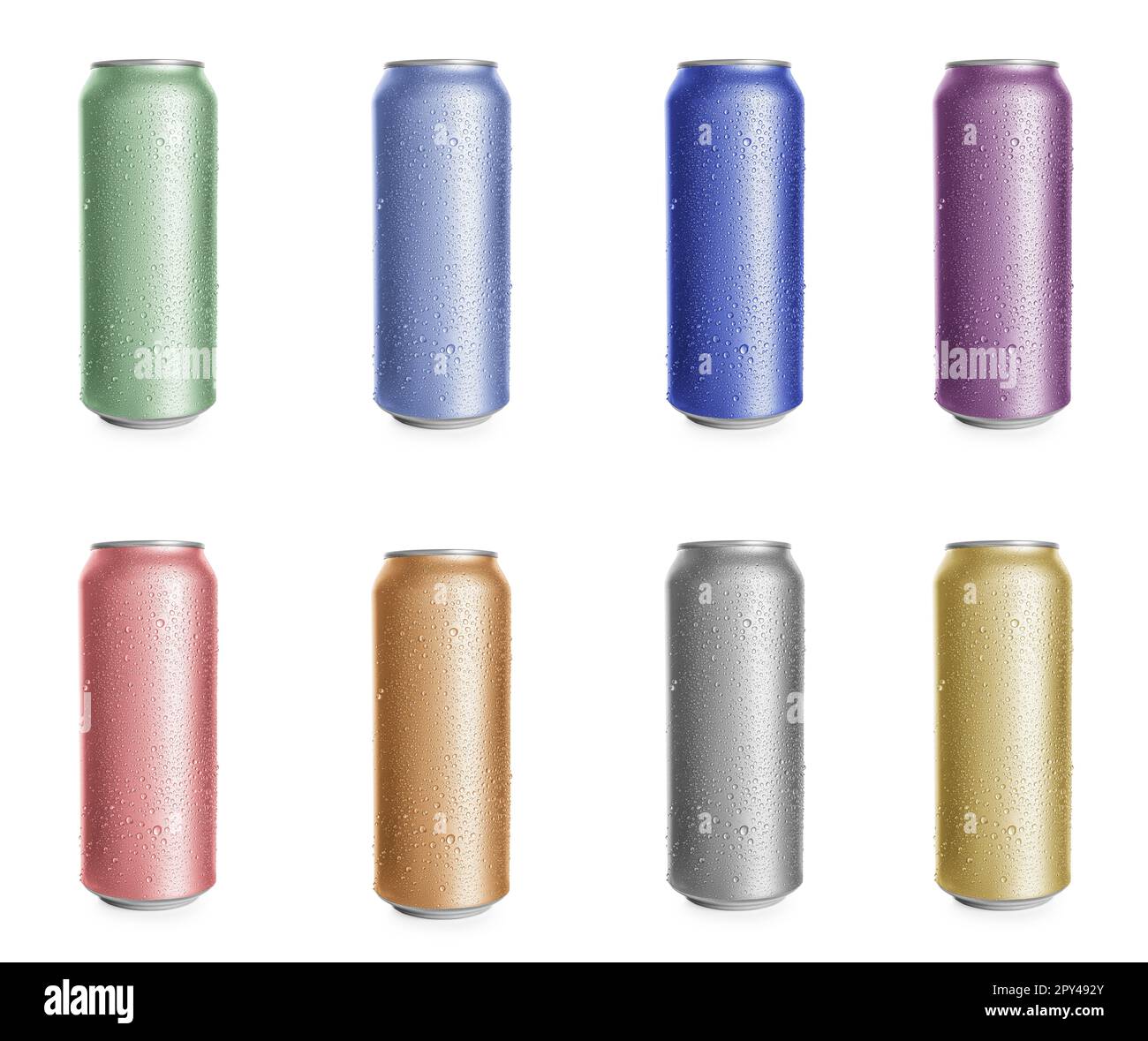 Set with different colorful aluminium cans of beverage on white ...