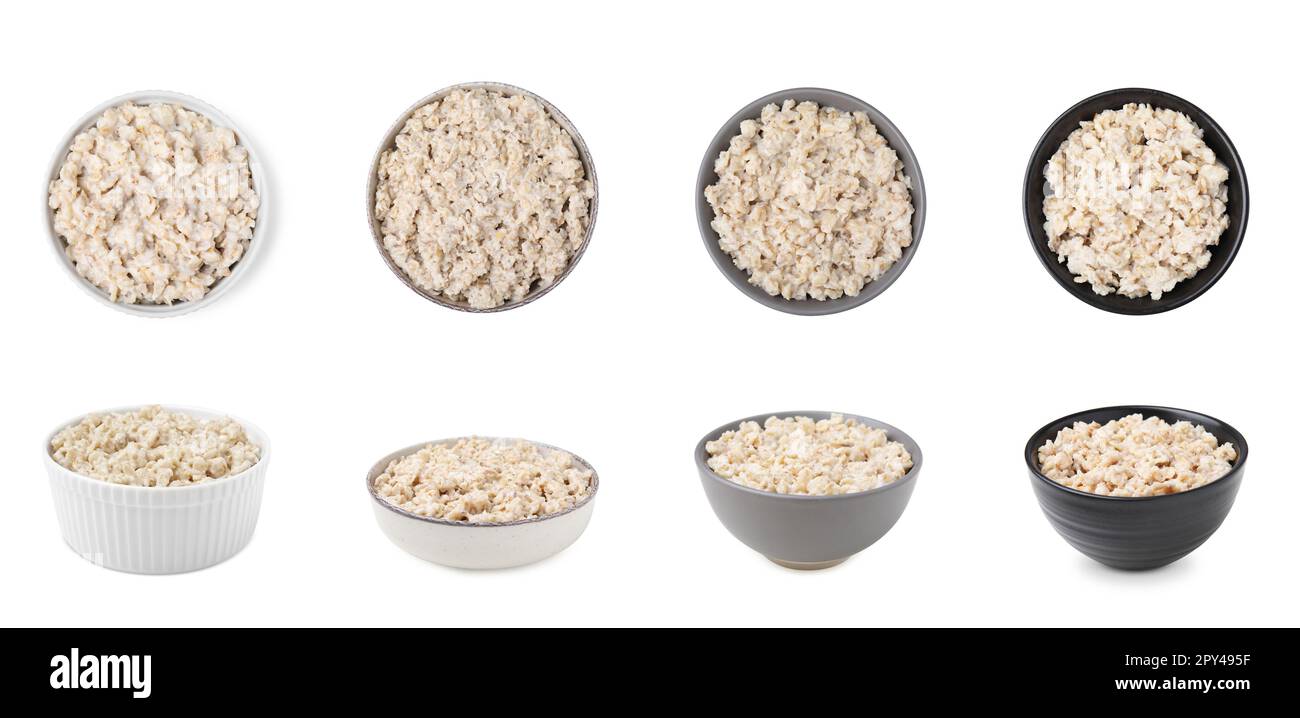 Set with tasty oatmeal porridge on white background. Banner design ...