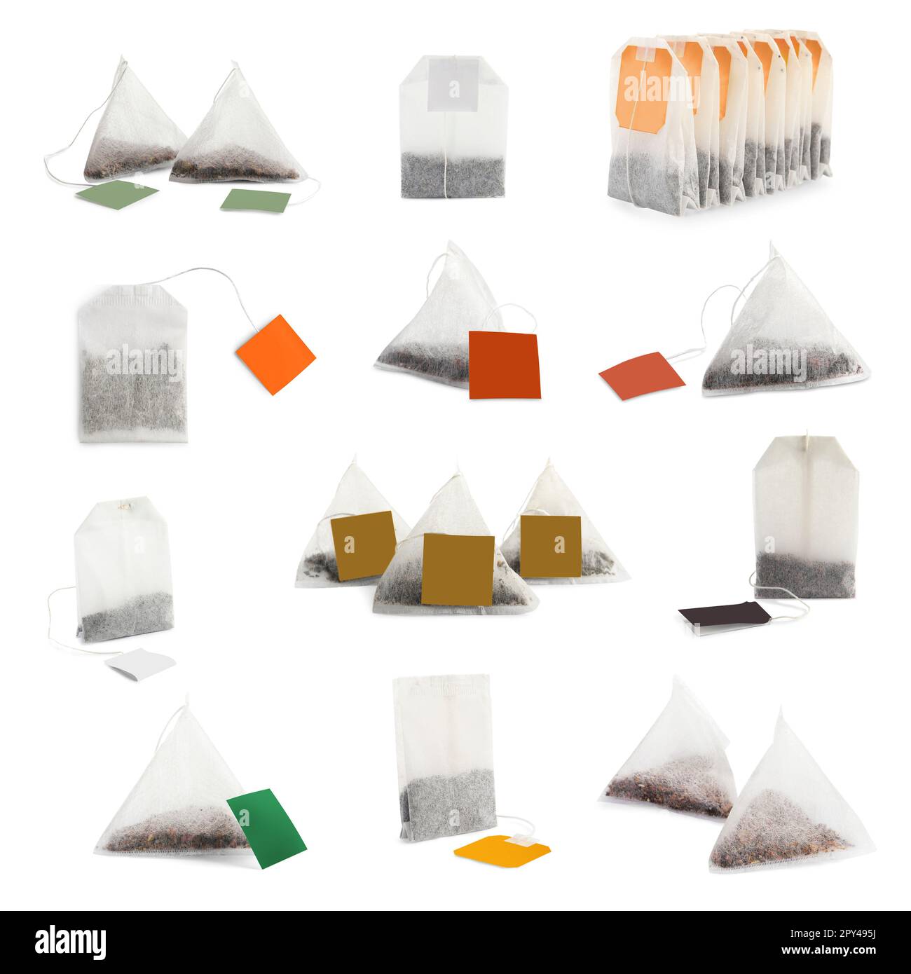 Set with different tea bags on white background Stock Photo - Alamy